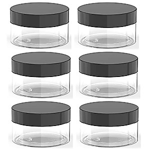 2oz Plastic Cosmetic Jars Leak Proof Clear Container with Black Lid for Cream, Lotion, Powder, ointment, Beauty Products etc, 6 Pcs.