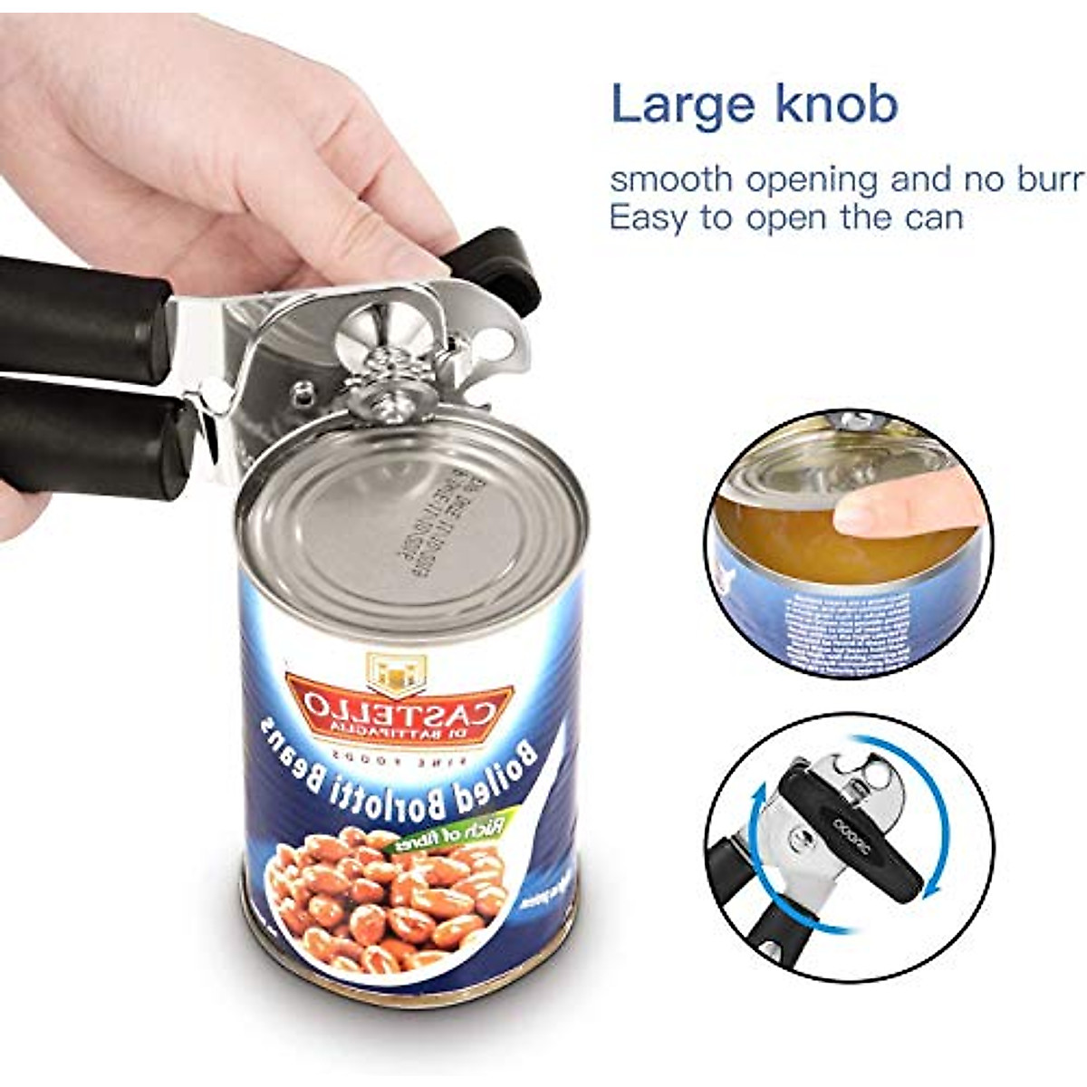 Can Opener, Stainless Steel Manual Can Opener, Food-Safe, Multifunctional Bottle Openers with Non-Slip Handle & Oversized Turn Knob, Smooth Edge, Ultra Sharp Cutting for Seniors with Arthritis