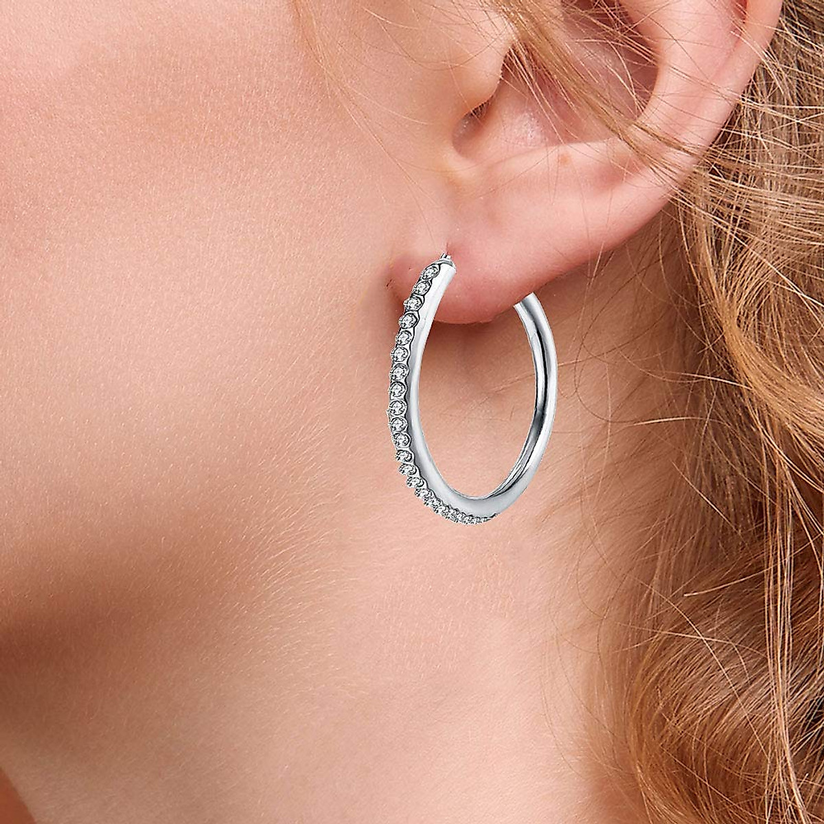 YUQIGG Silver Hoop Earrings, Fashion CZ Cubic Zirconia Rhinestone Hoops White Gold Plated Hoop Earrings for Women Gifts 1.38in