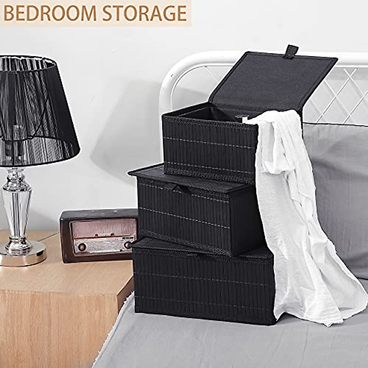 Honygebia Bamboo Decorative Storage Boxes - Set of 3 Woven Lined Storage Basket with Lids, Black Wicker Lidded Baskets for Home Kitchen Shelf Organizer Decor