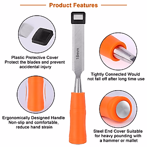 4 Piece Wood Chisel Sets Woodworking Tools Set, Wood Chisels for Woodworking with Steel Hammer End, Wood Tools Chisel Set Woodworking with Ergonomic Plastic Handle, 6mm, 12mm, 18mm, 24mm