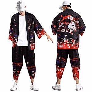 Mens Japanese Kimono Coat Suits Loose Open Front Seven Sleeve Kimono Cardigan Jacket with Shorts Plus Size(Red,Medium)