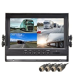 Yasoca 9" TFT LCD Car Rearview Quad Split Monitor,Remote Control, 4 Channels 4-PIN Connector Video Inputs Shockproof - 12V-24V 800480HD Screen w/Sunshade Anti-Glare