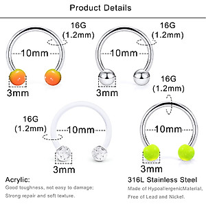 Lcolyoli 24-55Pcs 16G Surgical Steel Nose Septum Rings Piercing Jewelry Externally Threaded Cartilage Helix Tragus Daith Earring Hoop Lip Horseshoe Retainer for Women Men 10mm 3/8 inch