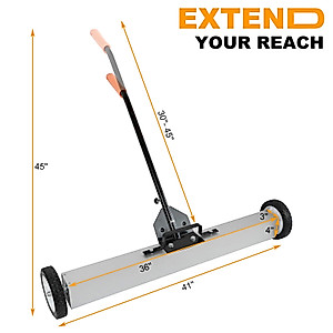 Toolwiz 36'' Magnetic Sweeper with Wheels, 50 Lbs Capacity Rolling Magnetic Floor Sweeper with Release Handle Industrial Magnets Heavy Duty Metal Pick Up 18/24/36 Inches