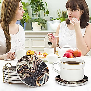 6 Pcs Black and Gold Marble Coasters with Holder Round Coasters for Drinks Best Absorbent Coasters Marble Coaster Sets Personalized Drink Coasters Coffee Table Cup Coaster Beer Coasters