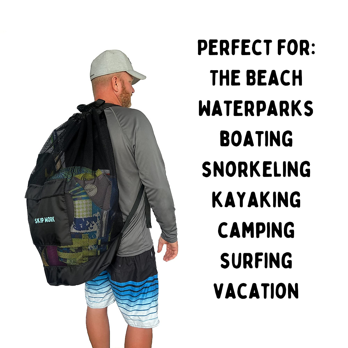 Skip Work Extra Large Mesh Beach Bag with Drawstring Accessory Bag – Multipurpose Beach Tote Bag with Zipper and Pockets for Keeping All Essentials Handy – Black
