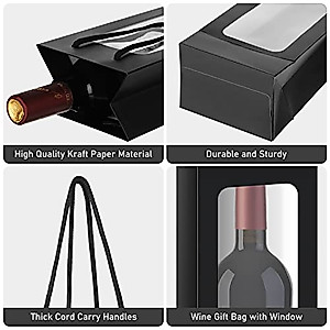 50 Pcs Wine Gift Bag with Window 4.9" x 3.6" x 14.2" Kraft Paper Wine Bags with Windows Kraft Paper Flower Wrapping Bag Transparent Window Bags for Valentine's Day Birthday Wedding Party Gift (Black)