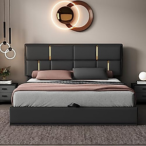 Goohome Modern Queen Size Upholstered Platform Bed with Hydraulic Storage System, Lift Up Storage Bed Queen Size with Headboard, Sturdy Wooden Platform Bed Frame for Teens Adults, Space Saving