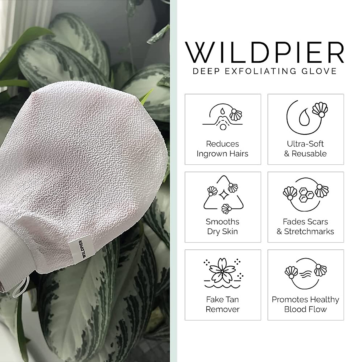 Wildpier Beauty Exfoliating Glove Mitt Body Scrub for Bath Shower Spa Hand Exfoliator Gloves, Dead Skin Cell Remover, Plant Based Deep Exfoliation Scrubber, White