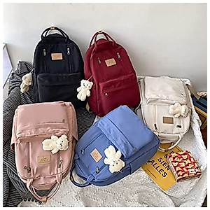 MININAI Preppy Backpack with Plushies Cute Backpack Light Academia College Backpack Solid Aesthetic Rucksack for Travel (One Size,Black)