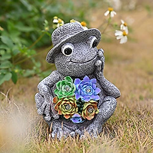 Sparkle Race Frog Garden Figurines Outdoor Decor Solar Frog with Succulents and 4 Led Lights Outdoor Gnomes Decorations for Patio, Balcony, Yard, Lawn Ornament Outside