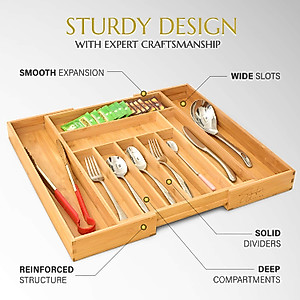 Signature Living Bamboo Expandable Utensil Drawer Organizer, Premium Bamboo for Cutlery, Flatware, Silverware - Drawer Dividers for Easy Storage (8-10 Slots)