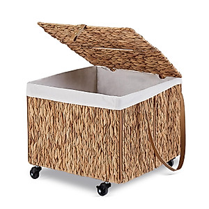 Wimarsbon Storage Basket, Foldable Rolling Hamper With Brakable Wheels and Lid, Handwave Braid Laundry Bin, Clothes Toy Organizer for Living Room (Water Hyacinth)
