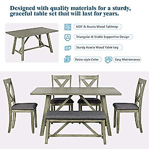 6 Piece Dining Table Set, Wooden Rectangular Kitchen Table and 4 Dining Chairs with Cushions and 1 Bench with Cushion, Wooden Kitchen Dining Room Table Set for 6, Rustic Gray