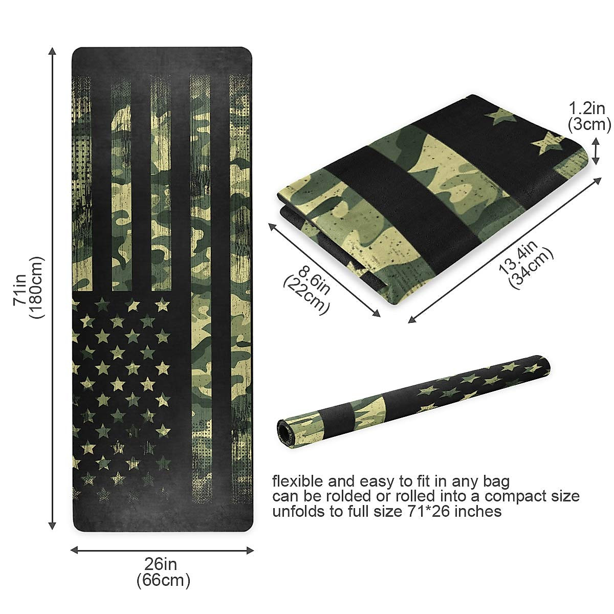 Baofu Camo American Flag Non Slip Yoga Mat Exercise Fitness Eco Friendly Hot Mat Long TPE Foldable Natural Non-Toxic Pilates Mat with Carrying Bag 71"x26"