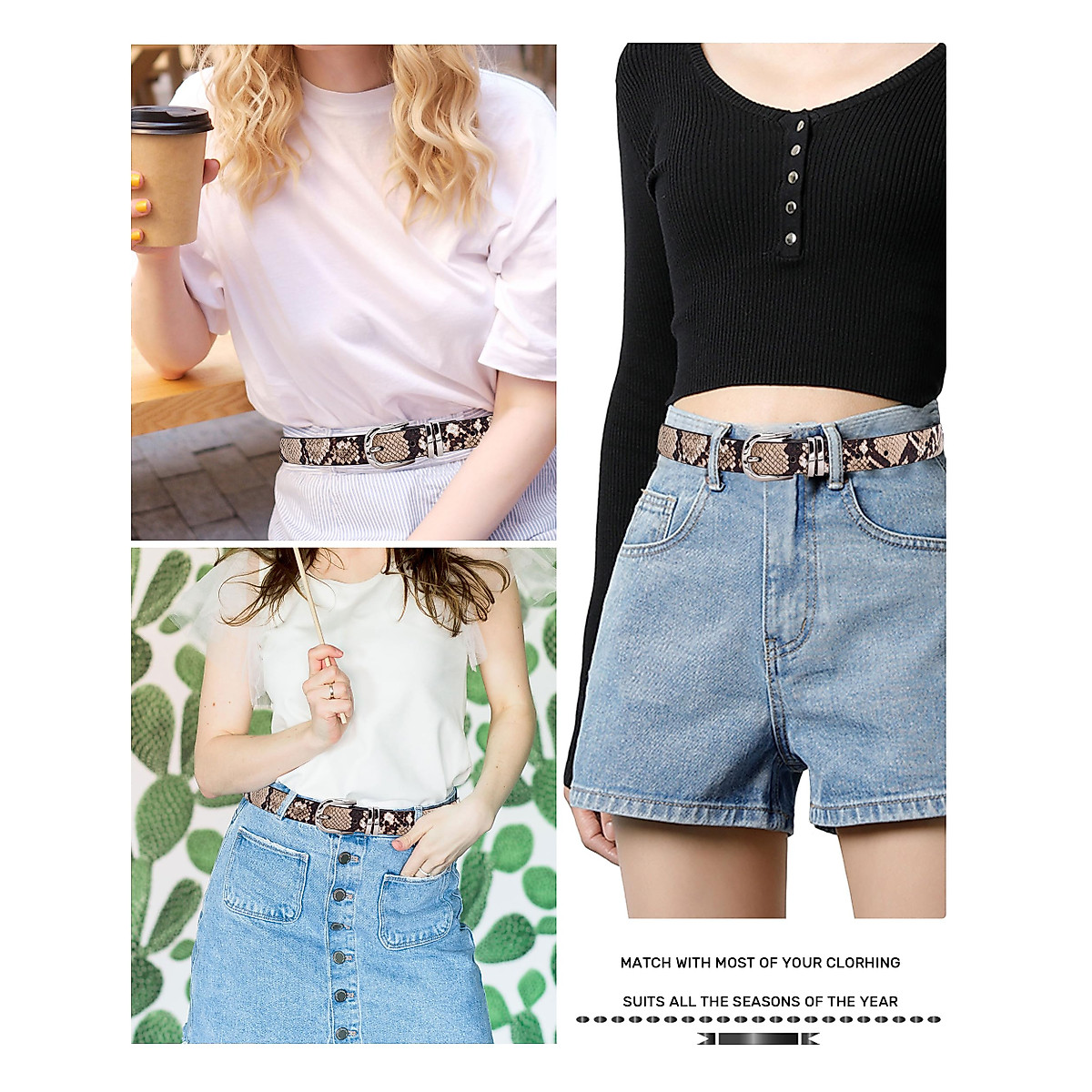 TeeYee Women Basic Waist Skinny Belt Chic Snake Skin Pattern Fashion Casual Leather Belt Pin Buckle Waist Bands for Dress Pants (43in, cobra pattern)