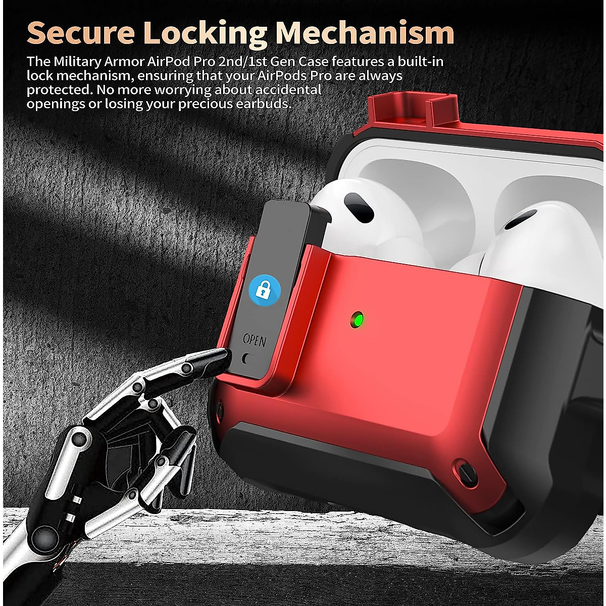 Olytop for Airpods Pro/Pro 2 Gen Case Cover (2023/2022/2019), Secure Lock Clip Shockproof AirPod Pro 2nd/1st Generation Hard Protective Skin Case with Cleaner Kit & Replacement Ear Tips, Black/Red