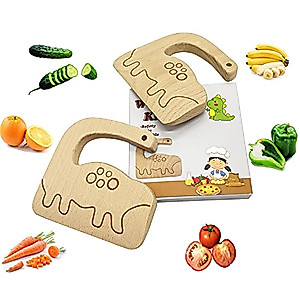 FYLFOTA Wooden Kids Knife for Cooking, Toddler Safe Knife for Cutting Vegetable Fruit, Cute Dinosaur Shape Kids Kitchen Tools- Kids Chef Knife with Original Wood, No Paint