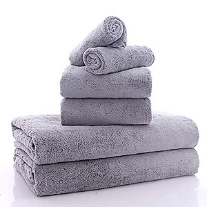 MOONQUEEN Ultra Soft Towel Set - Quick Drying - 2 Bath Towels 2 Hand Towels 2 Washcloths - Microfiber Coral Velvet Highly Absorbent Towel for Bath Fitness, Bathroom, Sports, Yoga, Travel-Grey 6 Pcs