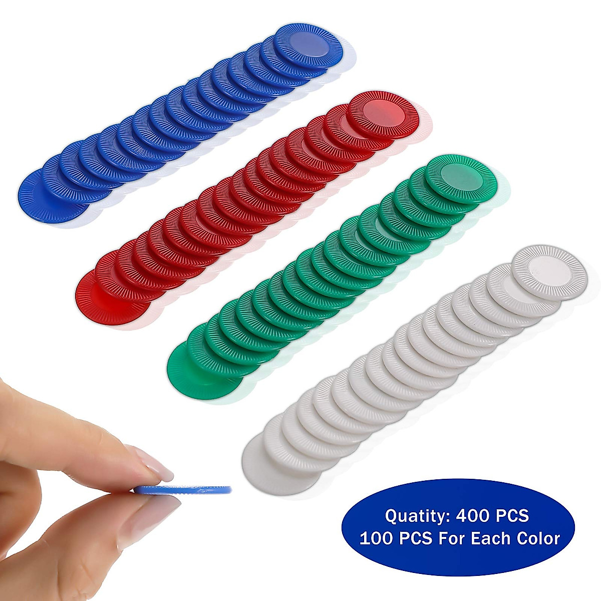 Skylety 400 Pieces Plastic Poker Chips Game Chips 4 Colors Counter Card for Kids Game Playing Learning Math Counting Bingo Game Blank Chips Card for Kids Reward, 0.86 Inch (Red, Blue, Green, White)