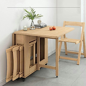 Dining Table Set, Solid Wood Drop Leaf Table, Extendable Moveable Folding Table with Wheels and 4 Chair, Saving Space, Round Edge Design, for Kitchen Dining Room