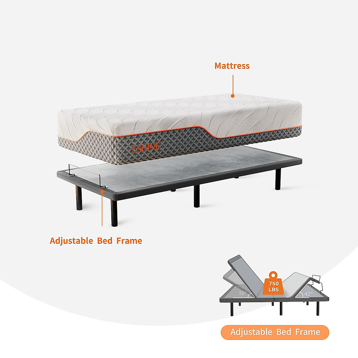 ESHINE 14" Hybrid Mattress Twin XL + Adjustable Bed Frame - Luxury Gel Memory Foam, Upholstered Bed Frames with Massage, USB, Under Bed Night Light, Head and Foot Incline, Split King