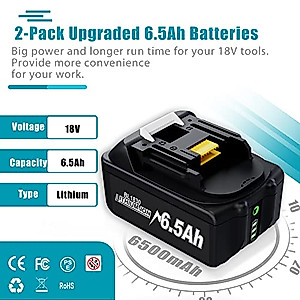 Bonacell Upgraded 6.5Ah 18V Replacement for Makita 18V Battery Compatible with Makita 18 Volt Battery BL1860 BL1850 BL1840 BL1830 BL1820 BL1815B LXT400 Cordless Power Tools 2Packs