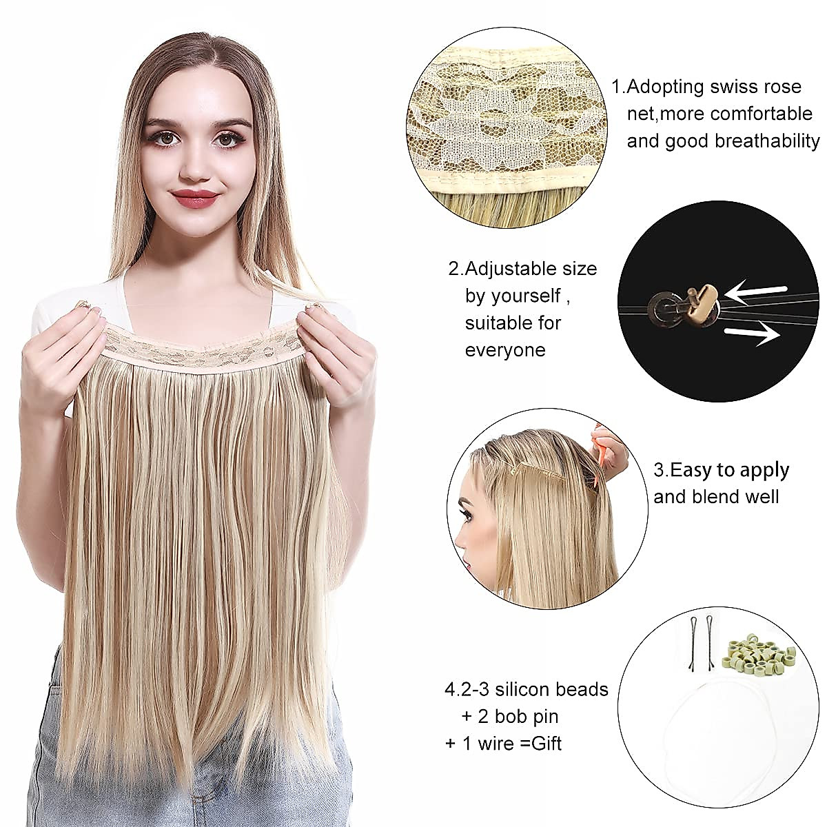 SARLA Invisible Wire Hair Extensions Straight Long Synthetic Hairpieces 22 Inch Adjustable Transparent Headband for Women Dirty Blonde