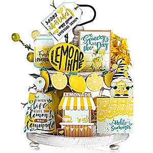 Qunclay 13 Pieces Fresh Lemon Tiered Tray Decor Wooden Lemonade Themed Home Decorations Farmhouse Summer Table Decor Rustic Wood Lemonade Sign for Kitchen Living Room Party Gifts