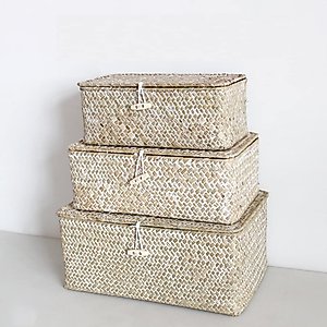 HAPYFURN Seagrass Handmade Woven Storage Basket with Lid Rectangular Natural Rattan Box for Toys Clothes Books Keys Multifunctional Makeup Organizer Set of 3 Shelf Basket