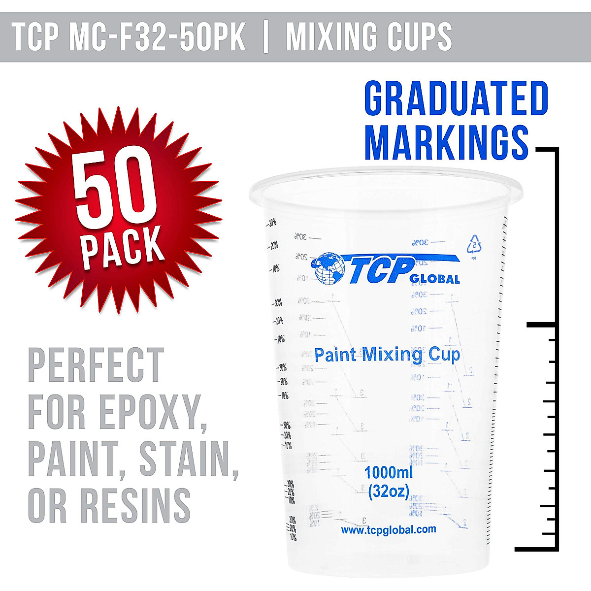 TCP Global 32 Ounce (1000ml) Disposable Flexible Clear Graduated Plastic Mixing Cups - Box of 50 Cups - Use for Paint, Resin, Epoxy, Art, Kitchen, Cooking, Baking - Measuring Ratios 2-1, 3-1, 4-1, ML