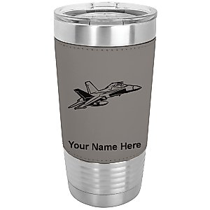 LaserGram 20oz Vacuum Insulated Tumbler Mug, Fighter Jet 2, Personalized Engraving Included (Faux Leather, Gray)