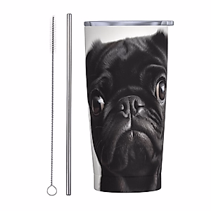 Cute Black Pug Dog print 20 oz Stainless Steel Tumbler With Lid And Straw Insulated Coffee Cup Portable Travel Mug For Cold And Hot Drinks