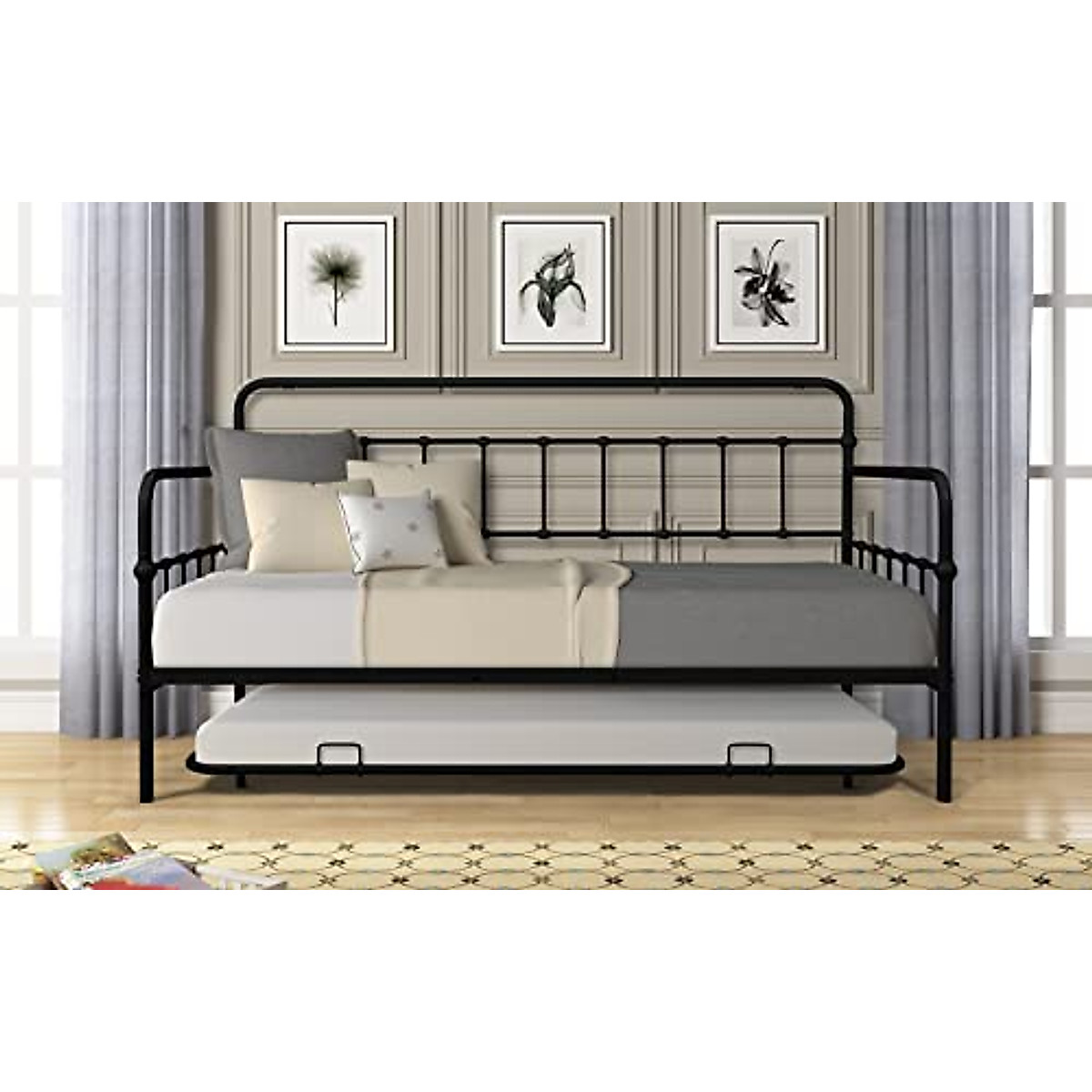 Livavege Twin Daybed with Trundle, Multifunctional Metal Twin Size Platform Bed Frame Sofa Beds with Headboard for Kids/Teens/Adults, Mattress Foundation/Space-Saving/No Box Spring Need