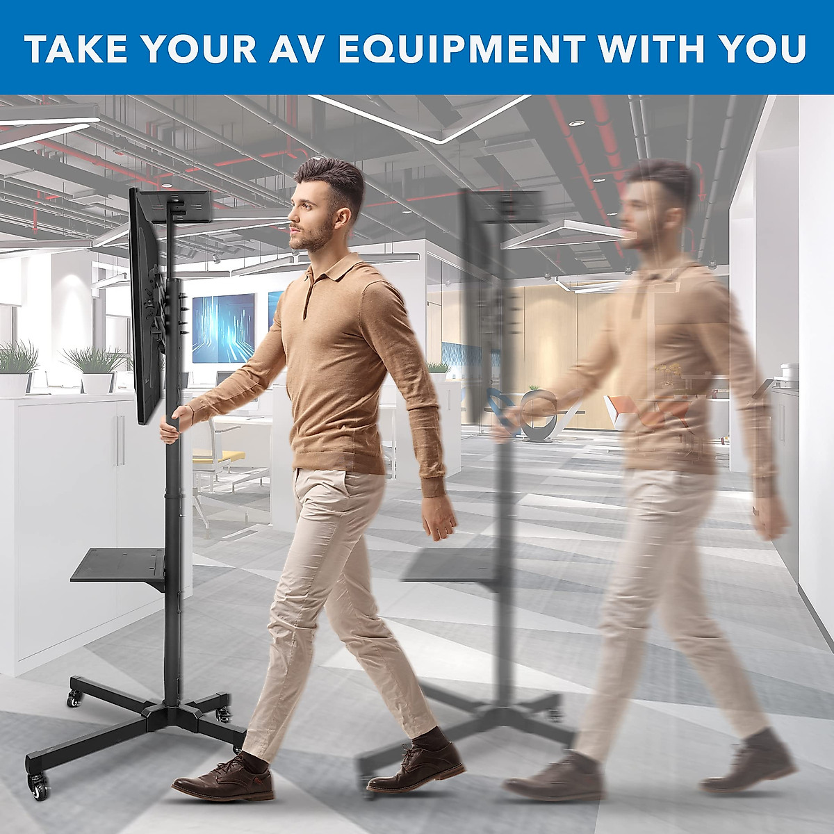 Mount-It! TV Cart Mobile TV Stand Wheeled Height Adjustable Flat Screen Television Floor Stands with Rolling Casters and Shelf, VESA Compatible TV Mount Bracket Fits Displays 37 to 70 Inch, 110 Lbs