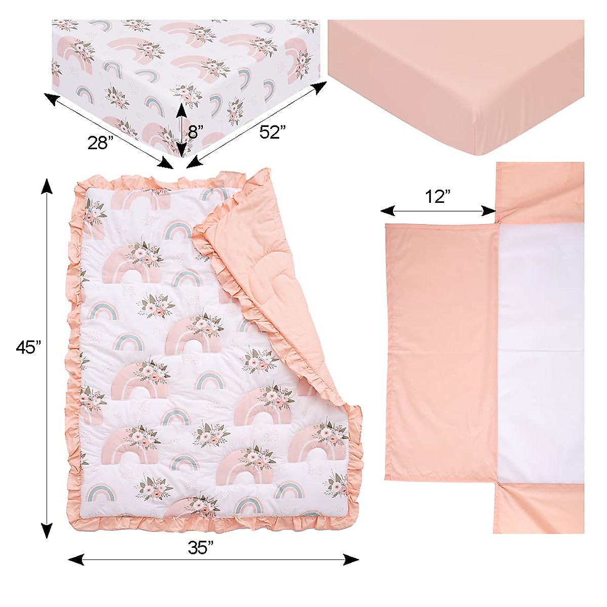 Noisy Mouse - Boho Rainbow, Premium, 100% Organic Cotton 4-Piece Baby Nursery Bedding Crib Set | Baby Comforter | 2 X Fitted Crib Sheets | Crib Skirt (Peach, Teal, White)