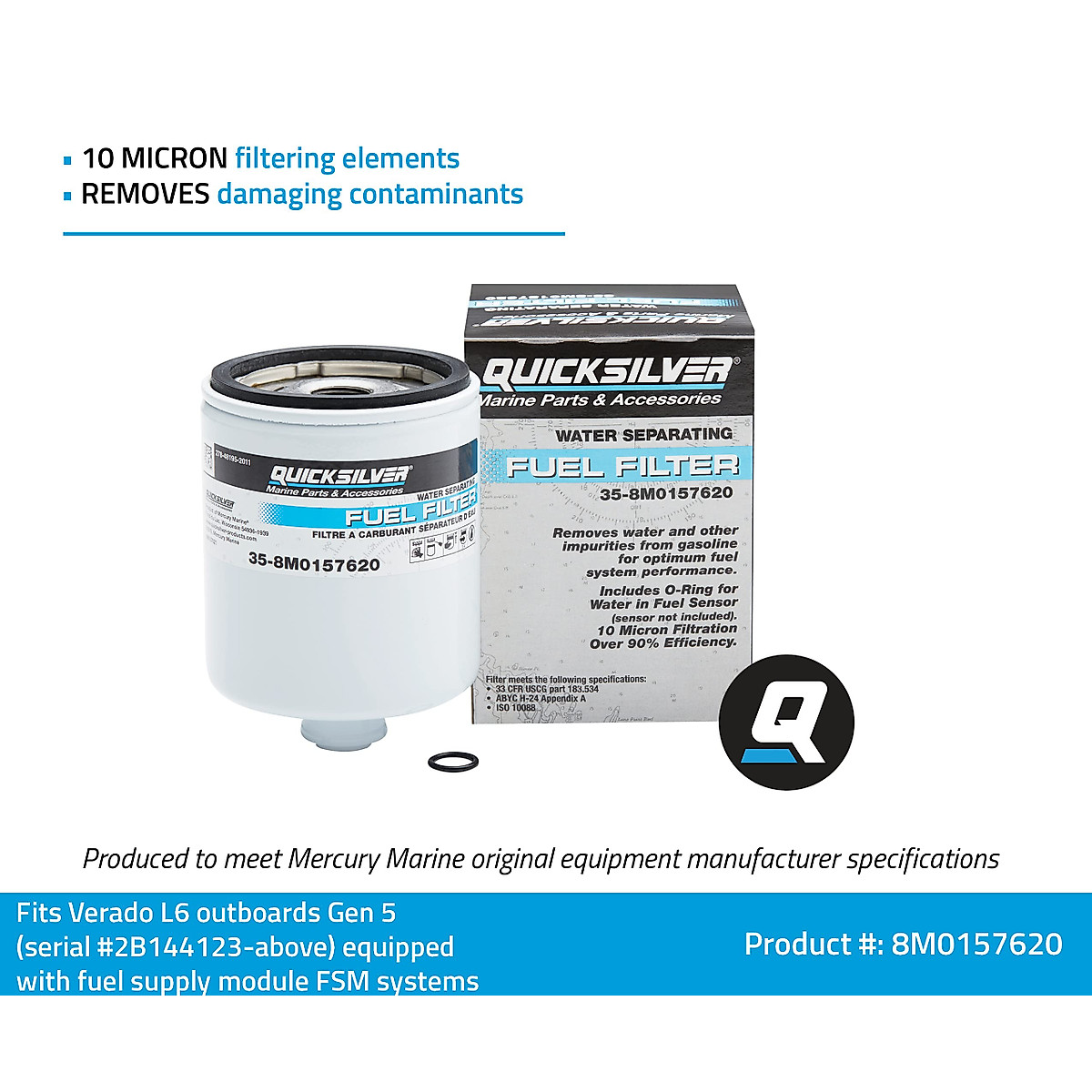 Quicksilver 8M0157620 Water Separating Fuel Filter for Select L6 Verado Outboards