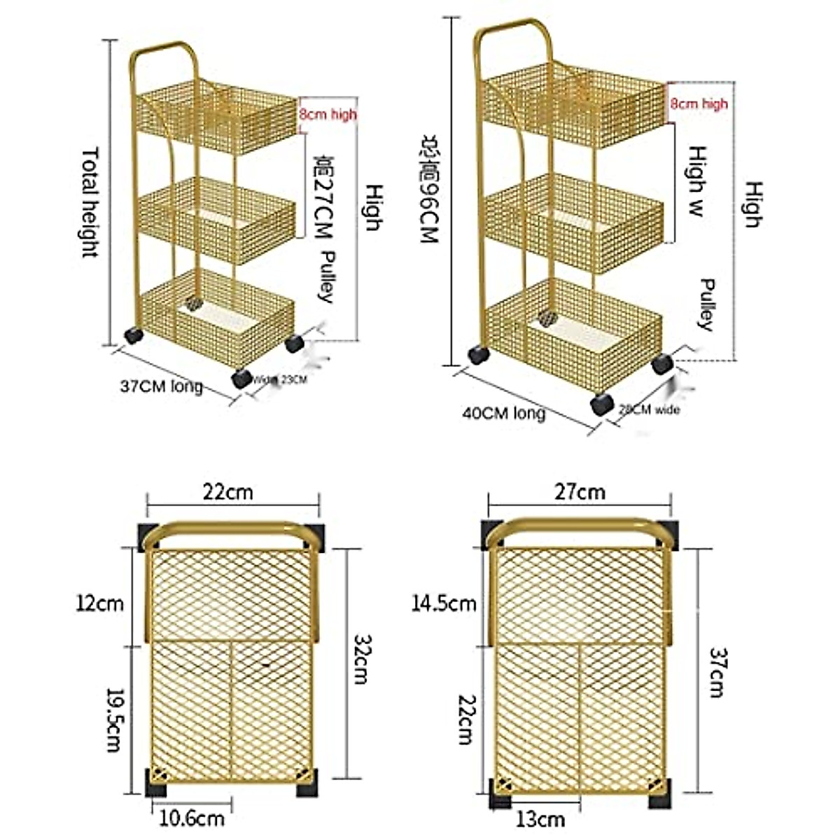JYDQM Iron Rack Bedroom Kitchen Metal Mobile Bathroom Storage Rack Wheeled Trolley Gold Kitchen Cart Kitchen Island (Color : Gray, Size : 40x29x96)