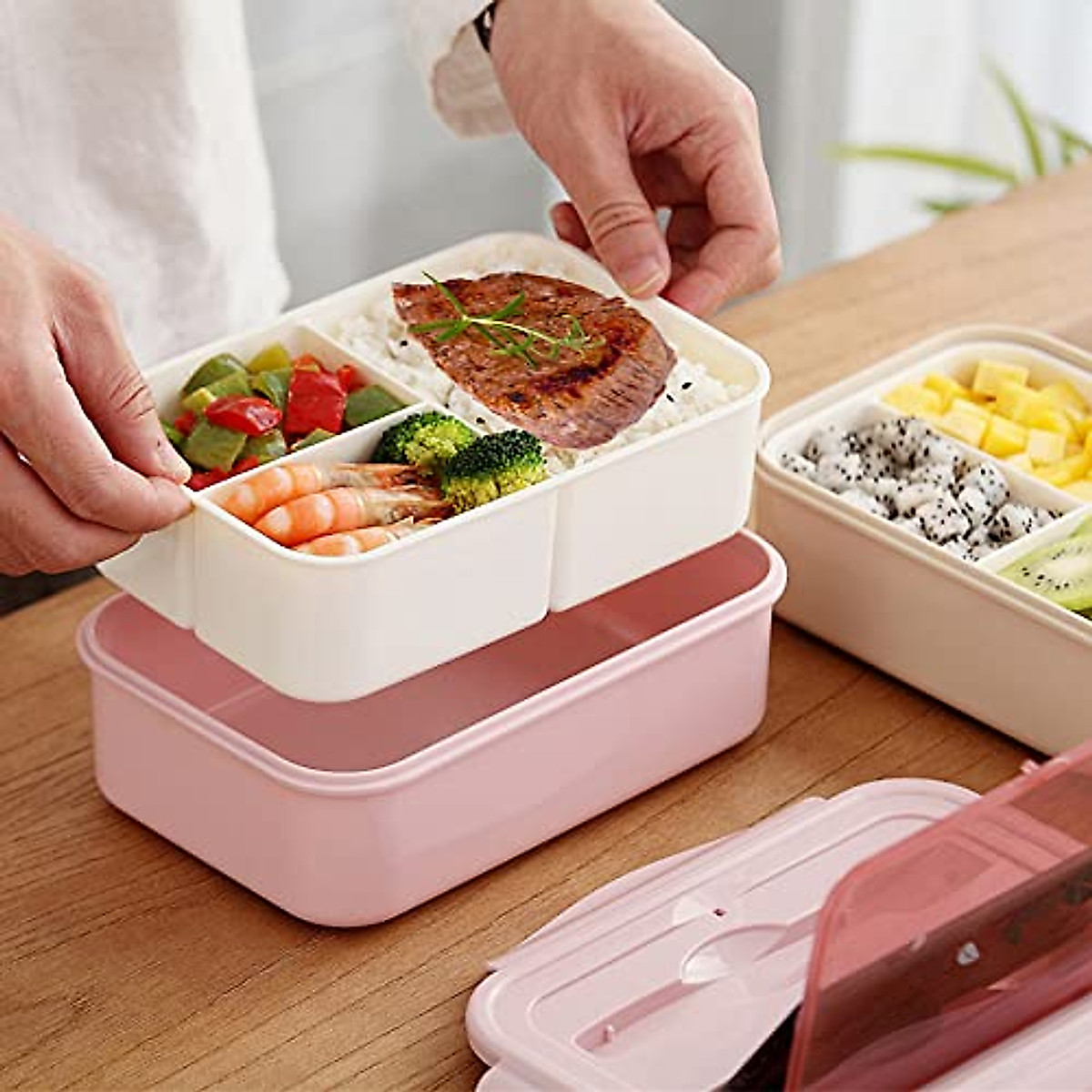 BIUWING Bento Lunch Box for adults 1400ml With Utensils, Insulated Lunch Bag Suitable for dining out 3-grid leak proof lunch box (Pink)