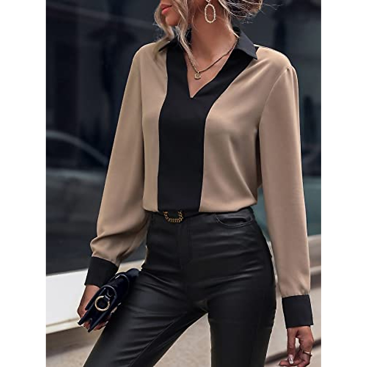 SweatyRocks Women's Color Block Long Sleeve Collar V Neck Shirt Casual Office Work Pullover Blouse Top Apricot S