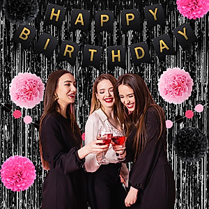 Black and Pink Birthday Party Decorations for Girls Women Happy Birthday Banner, Black Foil Fringe Curtain, Paper Pom Poms for girls Women Birthday Pink Black Party Supplies