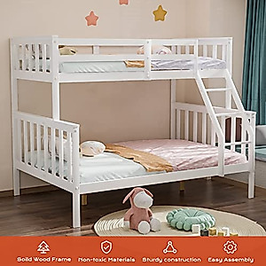 JOYMOR Convertible Twin Over Full Bunk Bed for Kids Children Teens Adults, Solid Wood Bunk Bed Frame with Ladder and Guard Rail Space Saving Beds Frames for Bedroom (Mattress not Included)