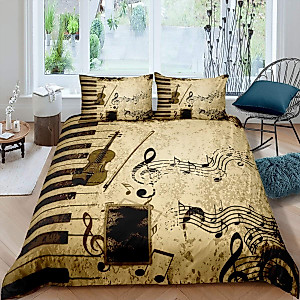 Erosebridal Musical Notes Bedding Set Piano Guitar Comforter Cover Queen Size for Kids Boys Girls Rock Music Violin Duvet Cover Grunge Vintage Style Bedspread Cover with Zipper Decorative Room