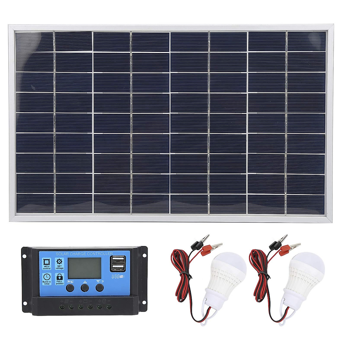 Solar Panel, 15W 18V Polycrystalline Solar Panel 12V/24V PWM Solar Controller 2pcs LED Bulb for Car RVs Ship Battery Charger(10A)