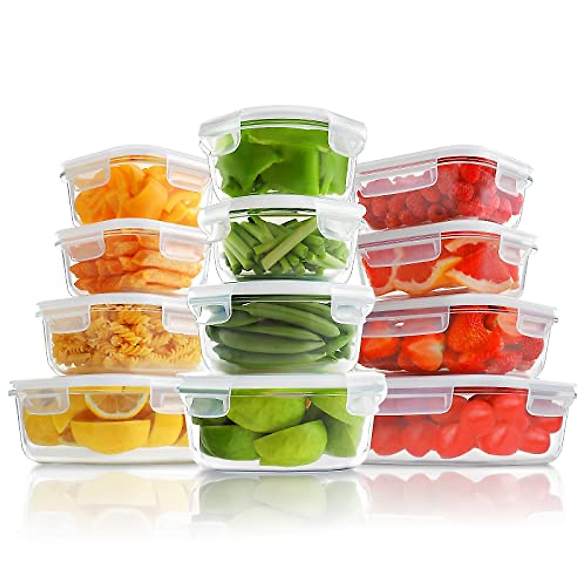 HOMBERKING 12 Sets Glass Food Storage Containers with Lids, Glass Meal Prep Containers, Airtight Glass Bento Boxes, BPA Free & Leak Proof, Pantry Kitchen Storage(12 lids & 12 Containers) - White