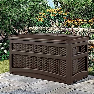 Suncast 73 Gallon Deck Box & Wicker Trash Hideaway Outdoor Garbage Bin, Java