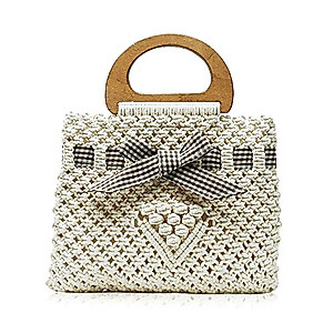 QTKJ Boho Women's Summer Beach Straw Crochet Bag, Hand-Woven Hollow Out Cotton Tote Bag Purse with Bow (White)