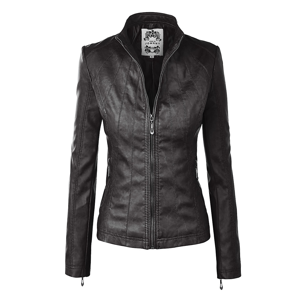 Made By Johnny MBJ WJC877 Womens Panelled Faux Leather Moto Jacket S Black