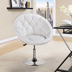 Yaheetech Vanity Chair Makeup Chair Swivel Accent Chair Height Adjustable Round Back Tilt Chair with Chrome Frame for Makeup Room, Living Room, White